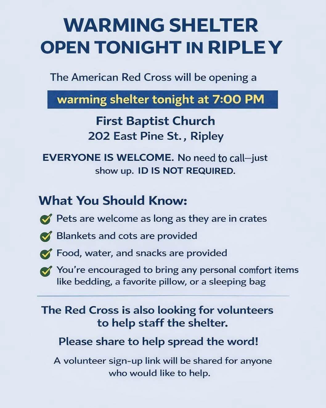 Red Cross warming shelter opening tonight in Ripley | Tippah News