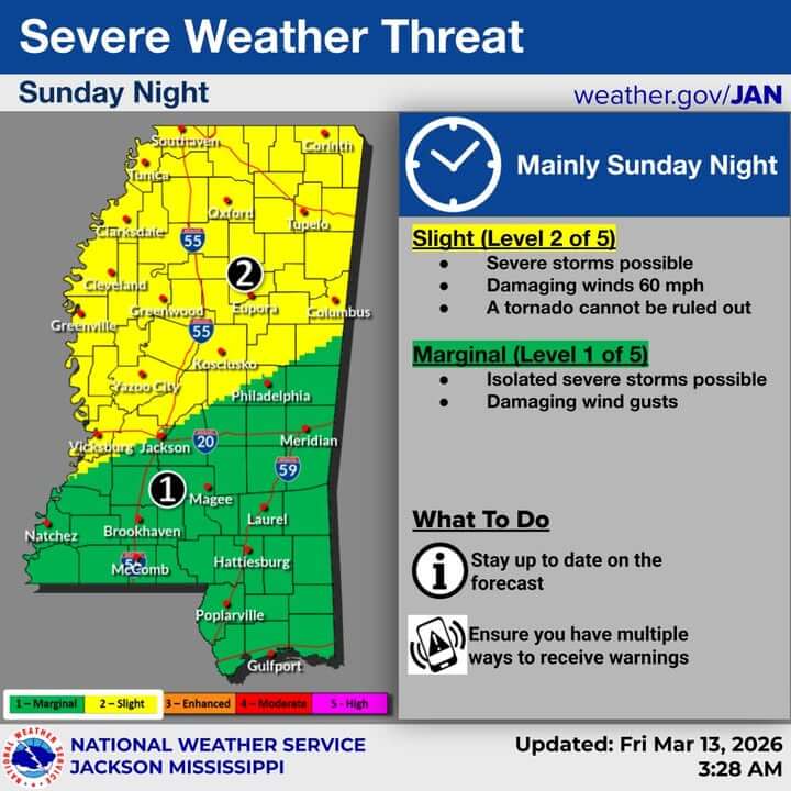 NWS: Slight risk of severe storms for parts of Mississippi Sunday night ...